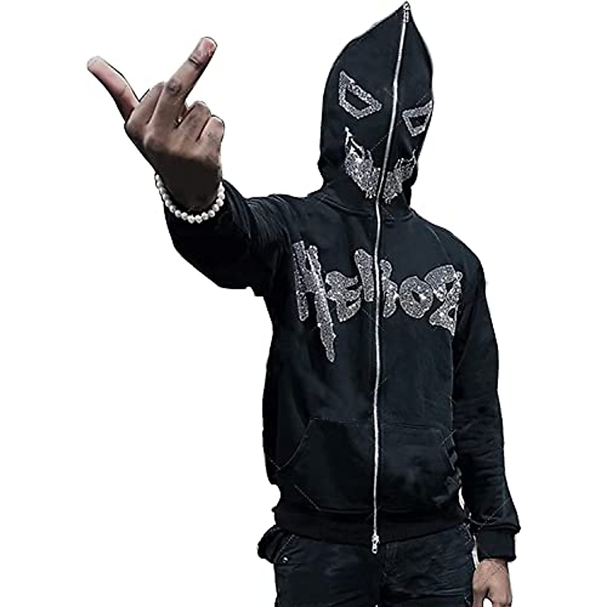 Y2k Black Rhinestone Zip Up Hoodie Women Oversized Sweatshirt Grunge Aesthetic Hoodies Men Casual Jackets Streetwears