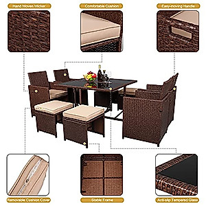9 Pieces Wood Grain PE Wicker Rattan Dining Ottoman with Tempered Glass Table Patio Furniture Set, Stylish and Durable Patio Furniture for Outdoor, Wicker Patio Dining Set
