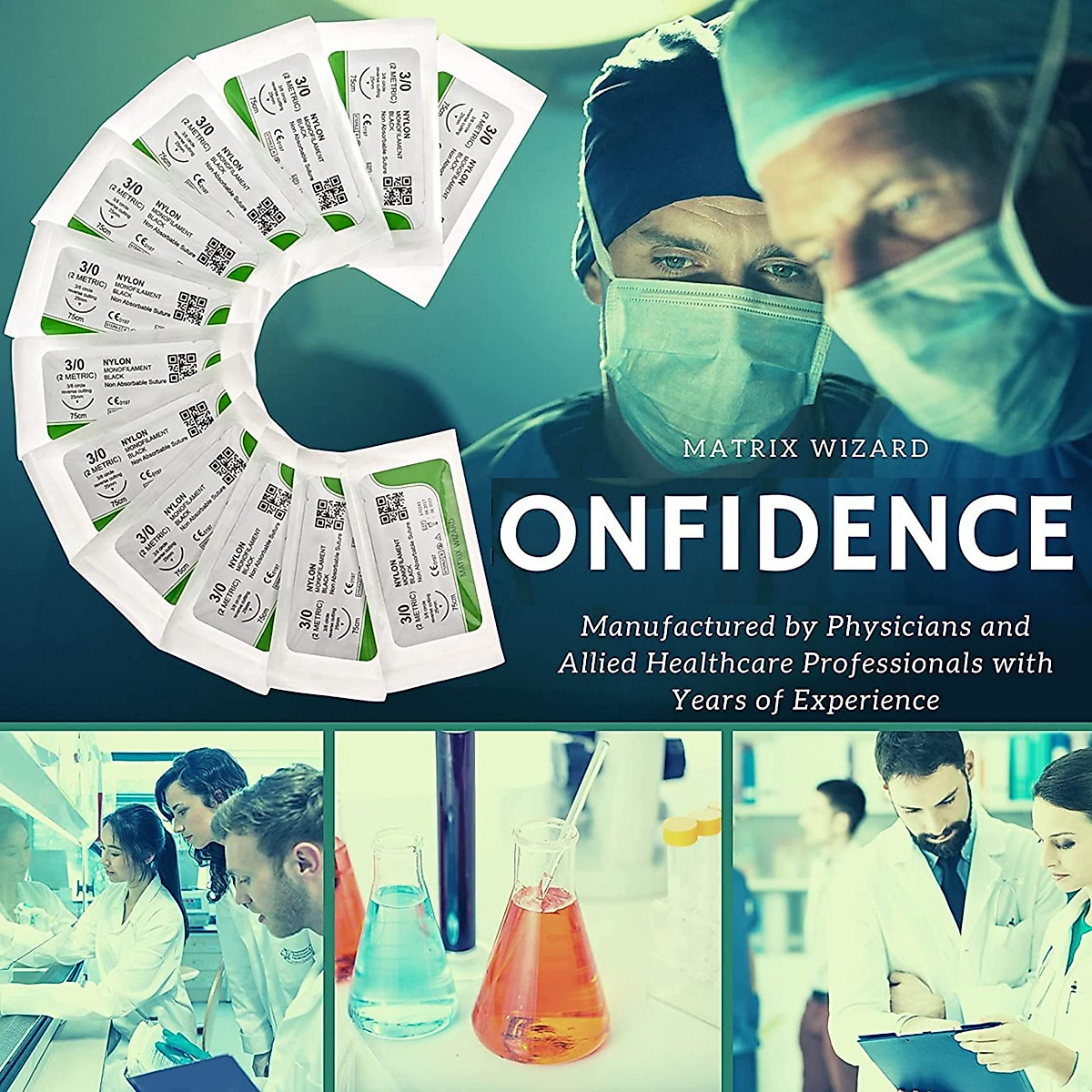 3-0 Sterile Sutures Thread with Needle (Black Monofilament) - Medical and Nursing Student's Surgical Practice Suture Kit, Training with Stitching Pad, First Aid Field Emergency Demo, Vet Use