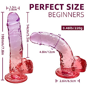 Realistic Dildo Clear Silicone 7.8" Red-Purple Gradient Adult Sex G-spot Dildo with Strong Suction Cup for Women Hand Free Play Flexible Soft Penis Dong, Toys for Vaginal and Anal Stimulation