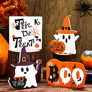 4 Pieces Halloween Decor Halloween Tiered Tray Decorations Tabletop Wooden Ghost Theme Table Centerpieces Cute Decor Boo Halloween Blocks Spooky Sign Trick or Treat Candy Sign for Home Shelf Party