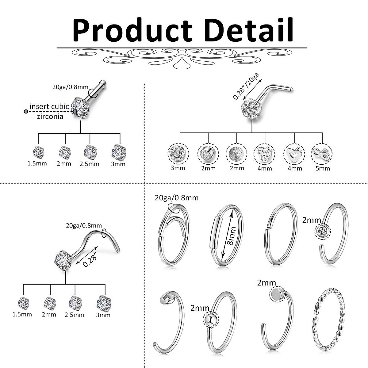 AllerPierce 20G Gold Nose Rings Sets Bone Screw L Shaped Nose Studs Tragus Cartilage Nose Ring Hoop Stainless Steel Nose Piercing Jewelry for Women Men