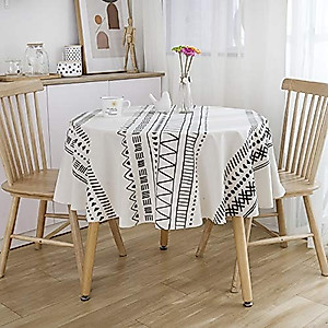 ArtBud White Black Cotton Linen Table Cloths Boho Farmhouse Heavy Fabric Table Cover Burlap Striped Geometric Washable Table Top for Parties Coffee Kitchen Picnic Round 60 inch(4-6 Seats)