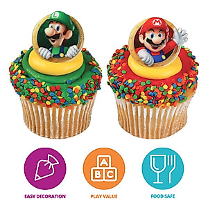 DecoPac Super Mario Rings, 24 Nintendo Cupcake Decorations Featuring Mario And Luigi, Cake Toppers For Birthday, Gaming, Party - 24 Pack