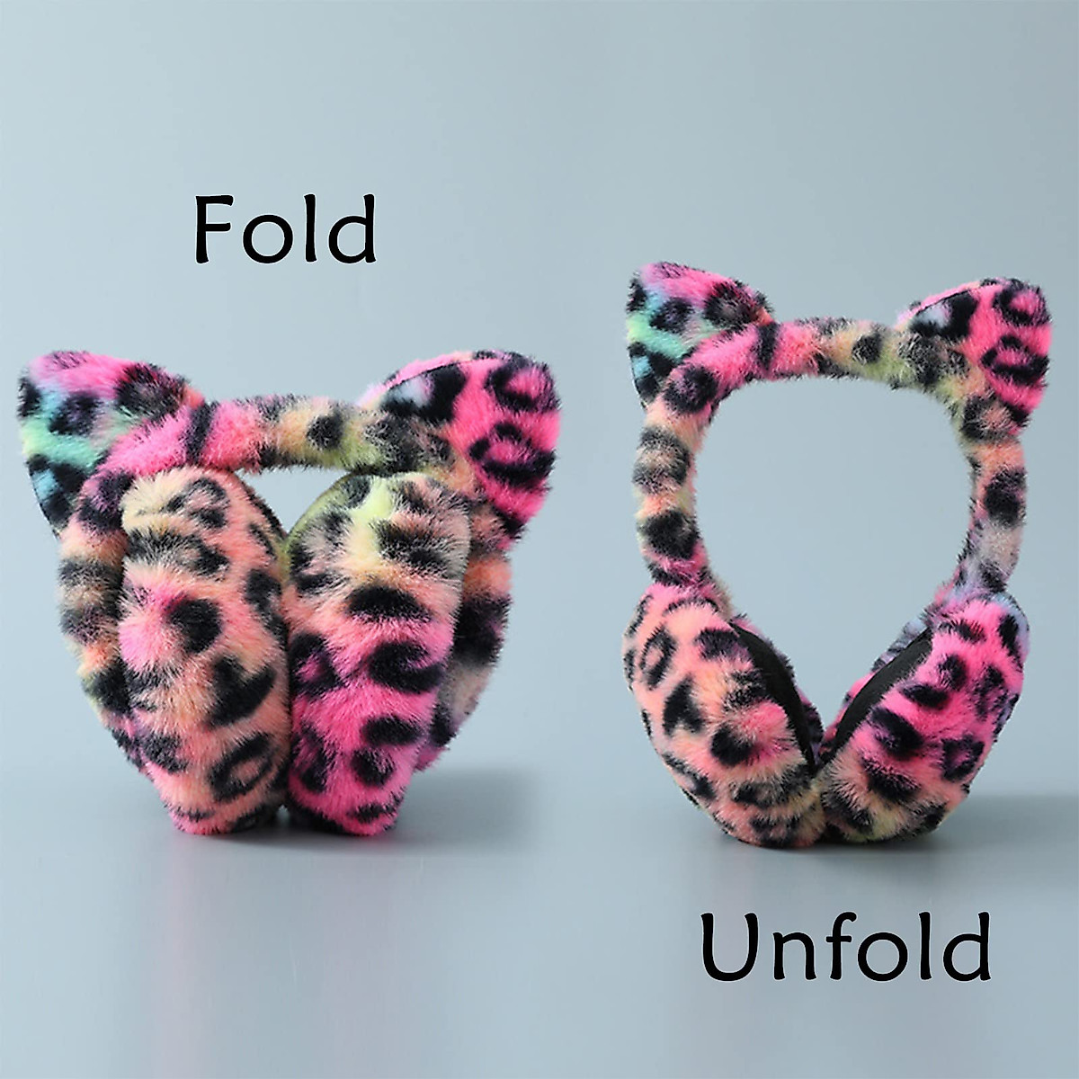 LUCKYBUNNY Girls Leopard Faux Fur Earmuffs Ear Warmers Winter Warm Plush Ear Covers for Indoor and Outdoor (Foldable Style- Leopard B)