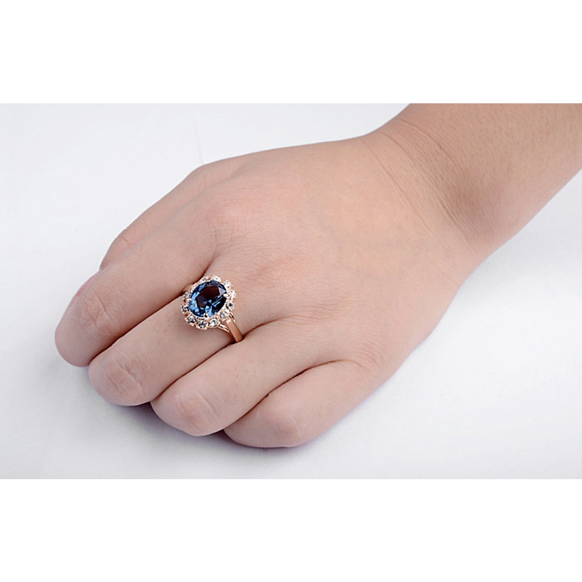 Rose Gold Plated Oval Shaped Ring with Sapphire Blue Swarovski element Crystal and Clear Round Shaped Cubic Zirconia Fashion Jewelry for Women (8)