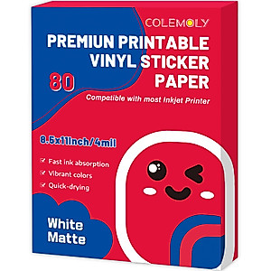 Sticker Paper Printable Vinyl for Inkjet Printer 80 Matte and 80 Glossy Quick Drying Waterproof Decals Self-Adhesive Tear resistance Non-residue Label Vivid Color Letter 8.5x11 In for Craft Laser