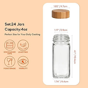SZUAH 24pcs 4oz Spice Jars with Bamboo Lids, Spice Jars with Labels, Glass Spice Container with Shaker Lids, Funnel, Chalk Pen and Brush