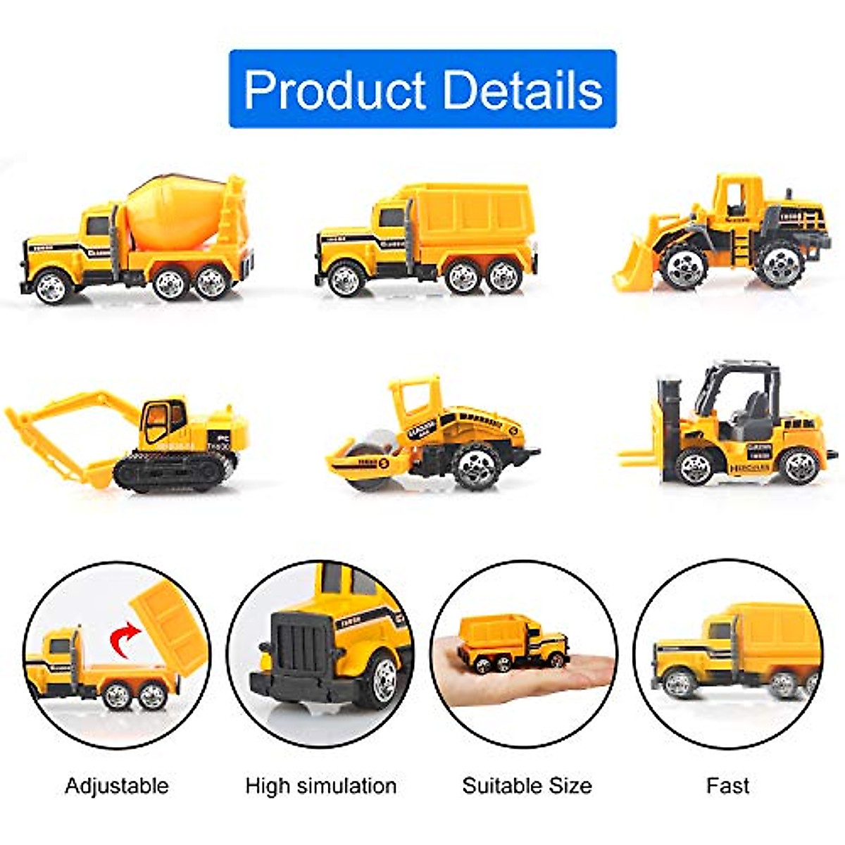 Dreamon Alloy Construcion Trucks for 3 Year Old Boys Birthday Party Cake Toppers for Kids Toddlers Mini Pocket Size Models Play Vehicles Cars Toys (6Pcs Set)