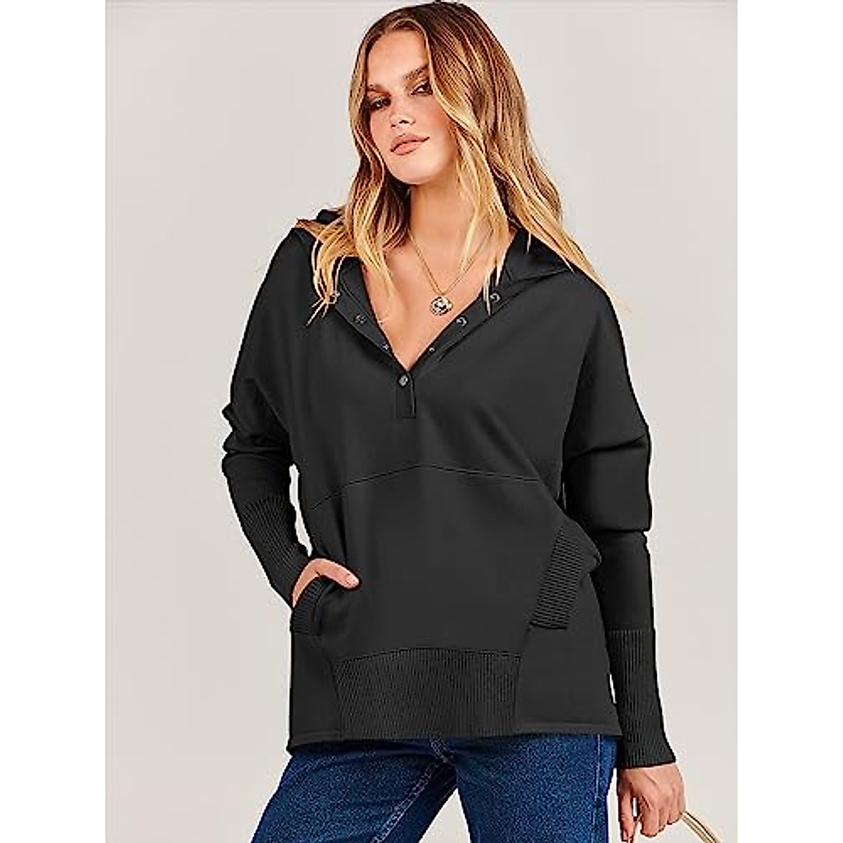 ANRABESS Women Casual Henley Hoodies Oversized Sweatshirt Ribbed Knit Long Sleeve Shirts Buttons V Neck Loose Baggy Sweater Hooded Pullover Fashion 2023 Fall Clothes 1064heise-S Black