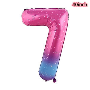 40 inch Rainbow Gradient Starry Crown Pink Blue Number 7 Balloons,Giant Large 7 Balloon, 7th Birthday Decoration Balloons ，Children's Birthday Party Baby Shower Decoration Supplies (Pink Blue 7)