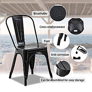 HCB Metal Dining Chairs Set of 4 Indoor Outdoor Patio Chairs Stackable Kitchen Chairs with Back Restaurant Chair 330 LBS Capacity (Black)