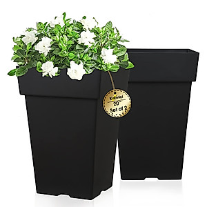 kubvici 20 Inch Tall Planters for Outdoor Indoor Plants, Set of 2 Large Plastic Plant Pots Flower Pot Outdoor Planter for Front Porch Door Balcony Deck with Drainage, with Removable Wheel, Black 20"