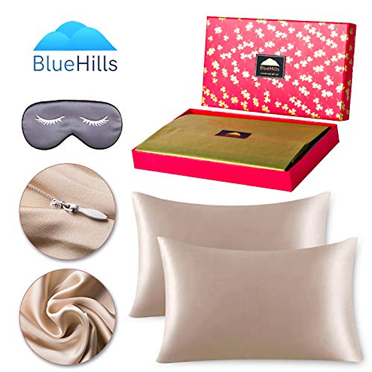 BlueHills Luxury Silk Pillowcase Gift Set - 100% Pure Mulberry Natural Soft Both Sides Silk Pillowcase 2 Pack for Hair and Skin & 1 Pure Silk Eye Mask Gift Box 3 Piece Set Light Bronze King Size K015