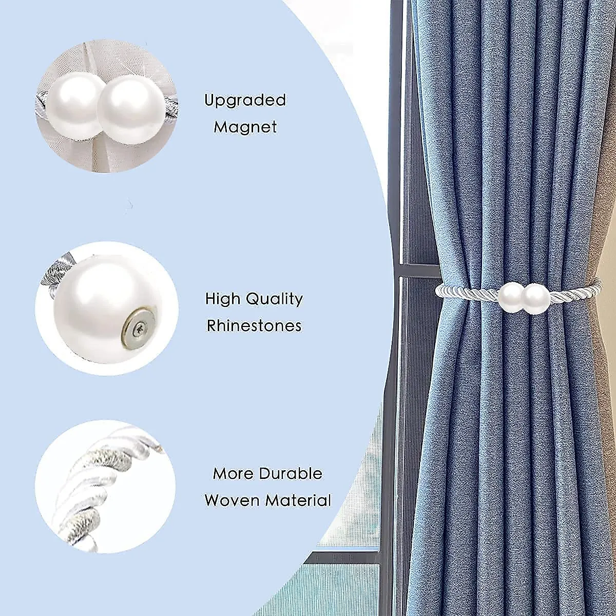 2 Pack Magnetic Curtain Tiebacks Convenient Drape Tie Backs Weave Holder for Window Draperies Hold Curtains Drape Ties Backs 16 inch Holdback (Sliver Gray)