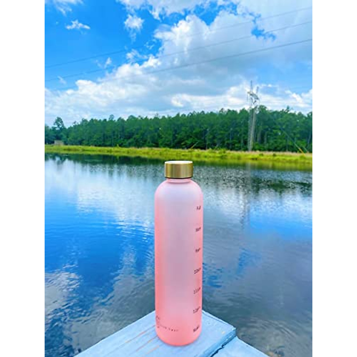 Water Bottle with Time Marker, 32oz 1 Liter, BPA Free Frosted Plastic, Reusable Water Bottle, Leakproof (Blush-Pink)