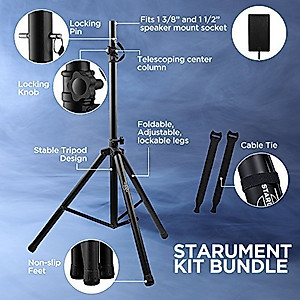 Starument Pa Speaker Stands Pair Pro Adjustable Height with 50 Cable Ties Kit to Secure Cable to Stand (2 Stands) 6ft Tripod Speaker Stands