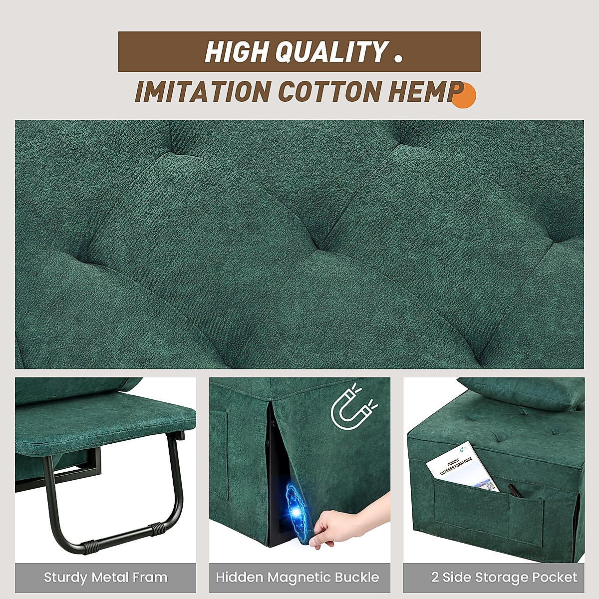 4-in-1 Multifunctional Folding Ottoman Bed, Convertible Sofa Bed with Adjustable Backrest for Home Office, Bedroom, Small Space Living Room, Modern Pull Out Sleeper Ottoman Sofa Bed,Green,28"W