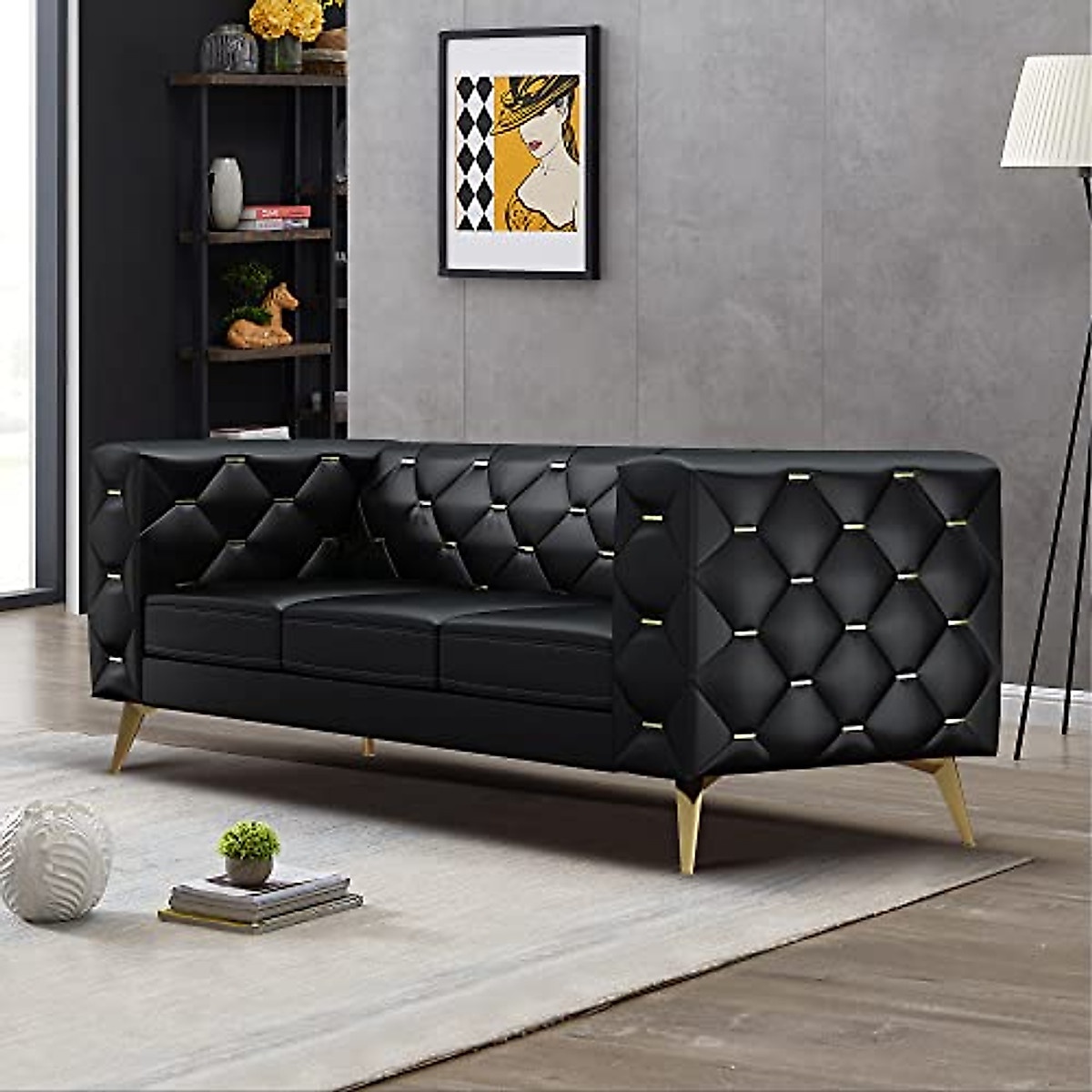 Chesterfield Sofa, 84'' Leather Upholstered 3 Seater Couch with Square Arms and Tufted Back, Mid-Century Modern Sofa with Metal Buckle and Metal Legs Decor for Living Room, Office, Bedroom