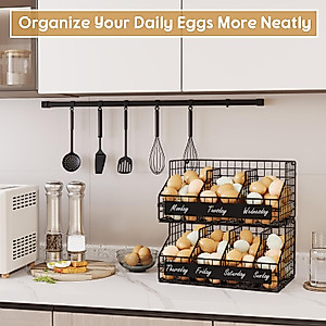 keomaisyto Fresh Egg Holder with 5 Dividers to Separate Eggs for a Week, 2 Tier Stackable Wire Baskets for Gathering Eggs, XXL Egg Rack for Countertop/Wall-Mounted, With DIY Labels (Patent Pending)