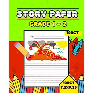Story Paper Grade 1-2 100ct: Story Composition Notebook Paper with Red Baseline, Dotted Middle Line and Large Drawing Space