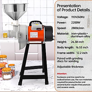 ZXMOTO Wet Peanut Butter Machine Maker 2200W Grain Mill Grinder Grinding Feed Crusher,Sesame Sauce Grinder Home/Commercial for Groundnut, Almond, Cashew Nut and Sesame