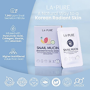 LA PURE Korean Face Mask - Hydrating Sheet Mask, Beauty Snail Mask, Anti-Wrinkle Korean Skin Care, Anti-Aging Sheets Pack, Hydration Mask, Deep Moisturizing Facemask, 10 Facial Masks for Women & Men