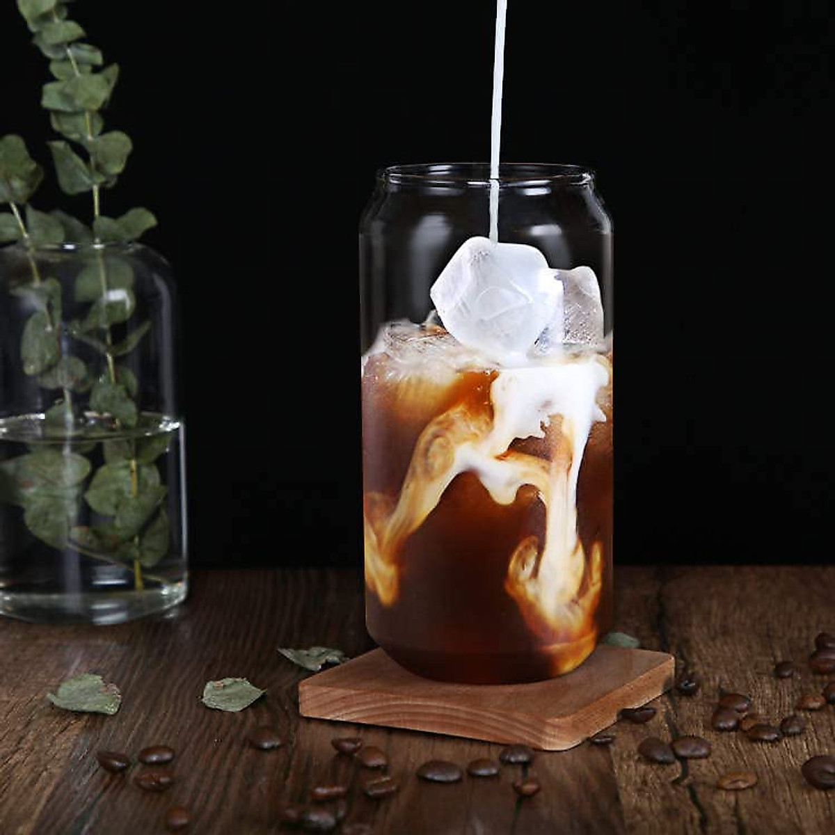 16 oz Glass Cups With Bamboo Lids And Glass Straw And Brush to clean -Beer Can Shaped Drinking Glasses, Iced Coffee Glasses, Cute Tumbler Cup for Smoothie, Boba Tea, Whiskey, Water