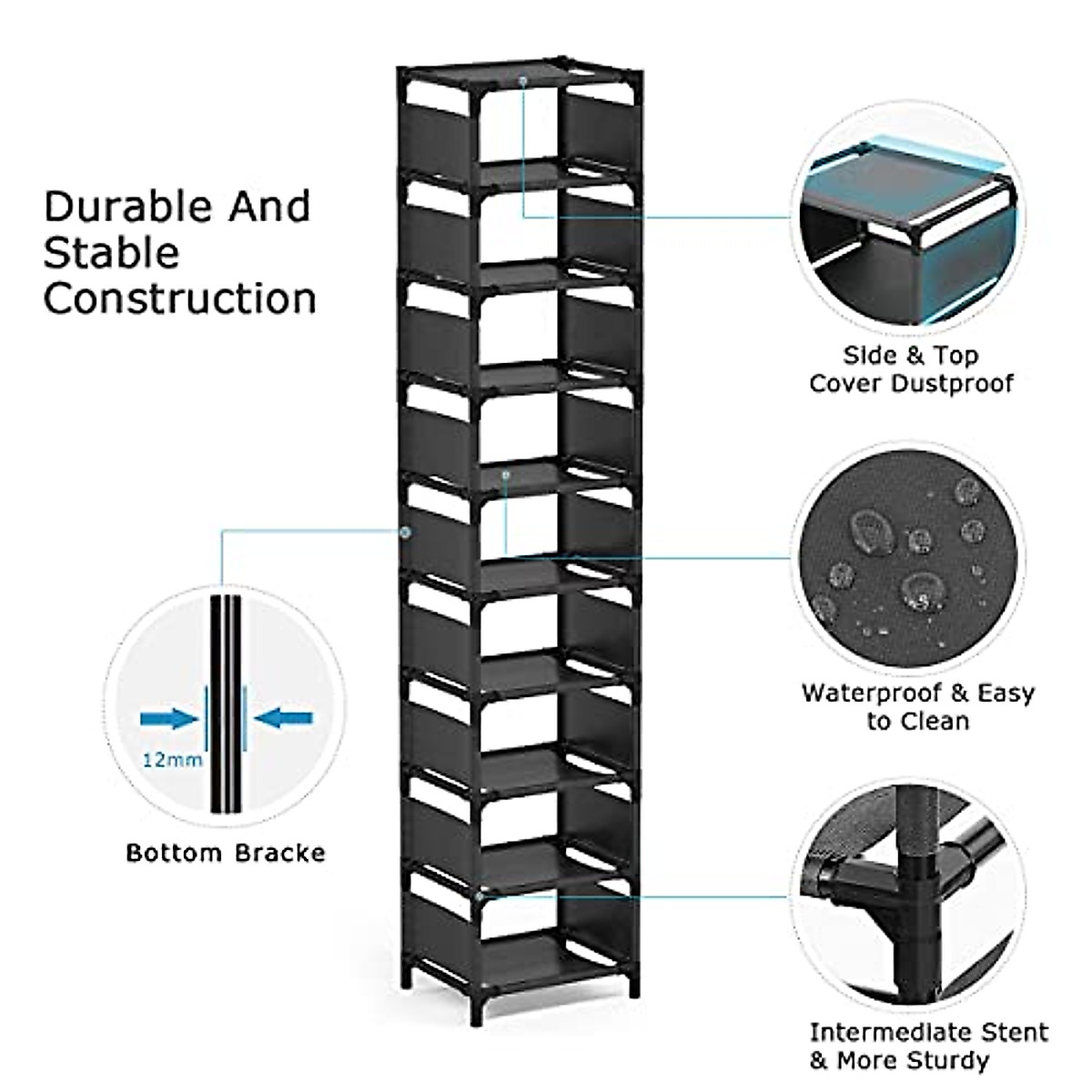 esonstyle 10 Tiers Shoe Rack, Space Saving Shoe Shelf Organizer, Tall Narrow Shoe Rack for Door Entryway, Closet