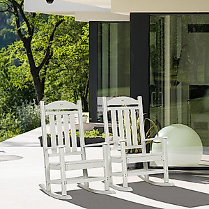 Outsunny 2 Piece Outdoor Rocking Chair Set, HDPE Rocking Patio Chairs with Rustic High Back, Armrests, Oversized Seat and Slatted Backrest, 350lbs Weight Capacity, White