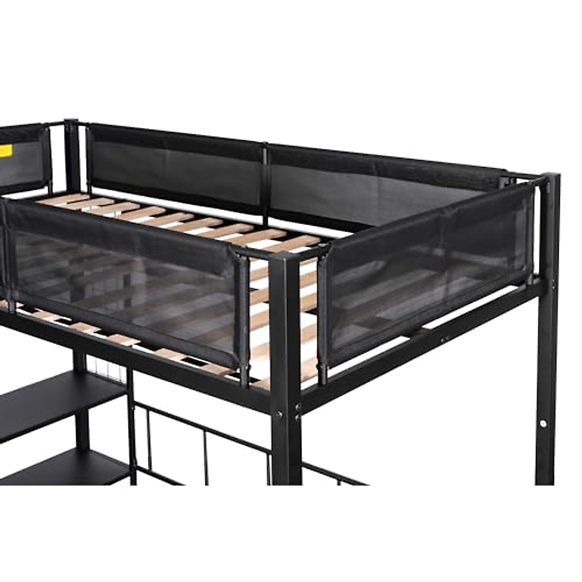 Livavege Twin Over Full Bunk Bed with Shelves & Grid Panel, Detachable L-Shaped Bunk Beds w/Full-Length Guardrails & Ladder for Kids Boys Girls Teens Adults, Metal Bunkbed Frame Wood Slats/Noise-Free