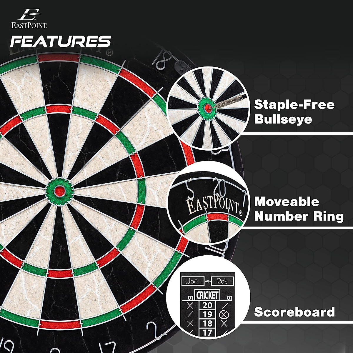 EastPoint Sports Official Size Dart Board Set with Dart Scoreboard & Accessories - Includes 6 18g Steel Tip Darts and Easy-Hang Hardware Kit - Premium Darts Set for Game Room, Man Cave & Indoor Games