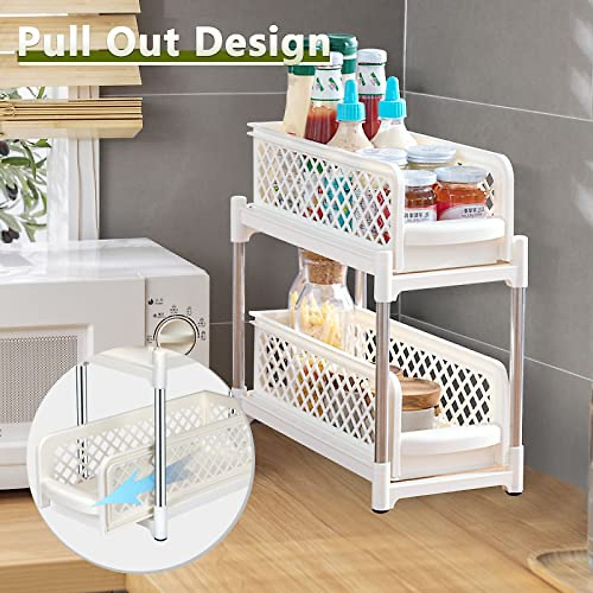 Toplive 2 Tier Spice Rack Lazy Susan Organiser with Sliding Drawer Organiser, Under Sink Organisers and Storage Rack Pull Out Cabinet Basket Organiser for Bathroom Kitchen Bedroom