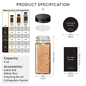 Laramaid 4oz 24Pack Spice Jars with 455 Black Vinyl Spice Labels, Shaker Lids Dispenser with Airtight Black Metal Caps, Cleaning Brush and Collapsible Silicone Funnel Complete Set