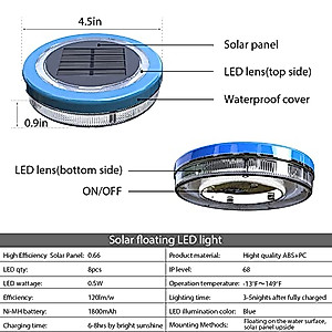 FVTLED Floating Pool Lights, Solar Pool Lights with 1800mAh Lighting 2-3 Nights, 4.5", IP68 Waterproof Pool Lights That Float for Swimming Pool, Pond, Lawn or Disco Pool Party Decoration, 1pcs, Blue
