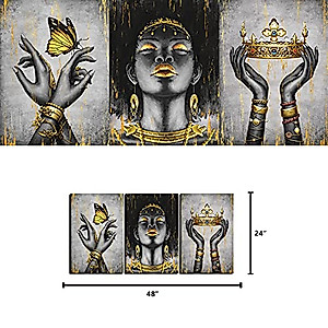 WELMECO Elegant African American Woman with Gold Crown Fashion Accessories Painting Giclee Prints Black Girl Canvas Poster Gallery Wrapped Artwork for Bedroom Living Room Makeup Room Decoration
