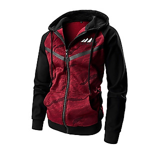 LAIWANG Men's Color Block Hoodie-Full Zip Ultimate Heavyweight Fleece Hoodie-Camo zip up hoodie With Pocket (Claret camouflage, L)