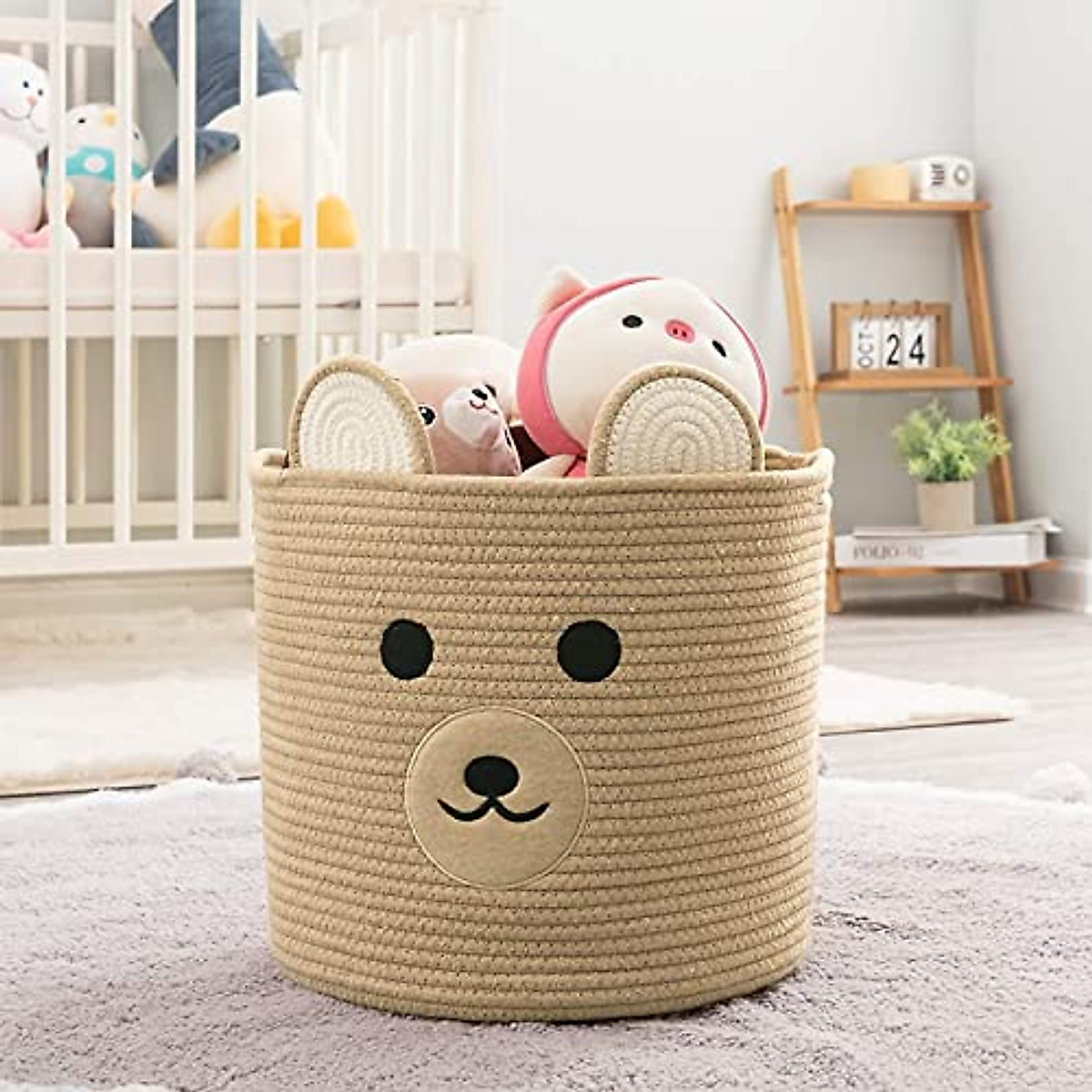 Bear Laundry Baskets Laundry Hamper Storage Basket with Handles,Decorative Basket for Living room,Woven Storage Basket for Toys Bin Pillows Blankets Clothes (Khaki)