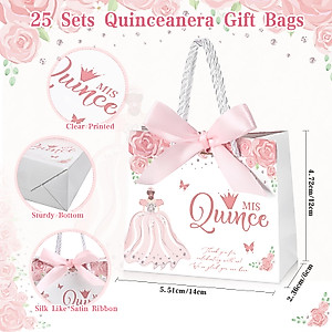Skyygemm 25 Sets Quinceanera Party Favors for Guests Quinceanera Gift Bag with Handles Small Candy Bag with Bow Ribbon Mis Quince Decoration Quinceanera Sweet 15 Birthday Party Favor (Pink)