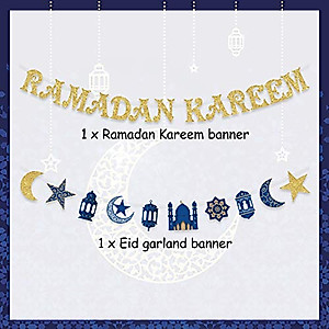 Ramadan Kareem Banner Gold Glitter Eid Mubarak Party Decorations with Moon and Stars Lights Garland for Muslim Islam Eid Festival Party Supplies