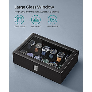 SONGMICS Watch Box, 12-Slot Watch Case with Large Glass Lid, Removable Watch Pillows, Watch Box Organizer, Gift for Loved Ones, Black Synthetic Leather, Black Lining UJWB012B01
