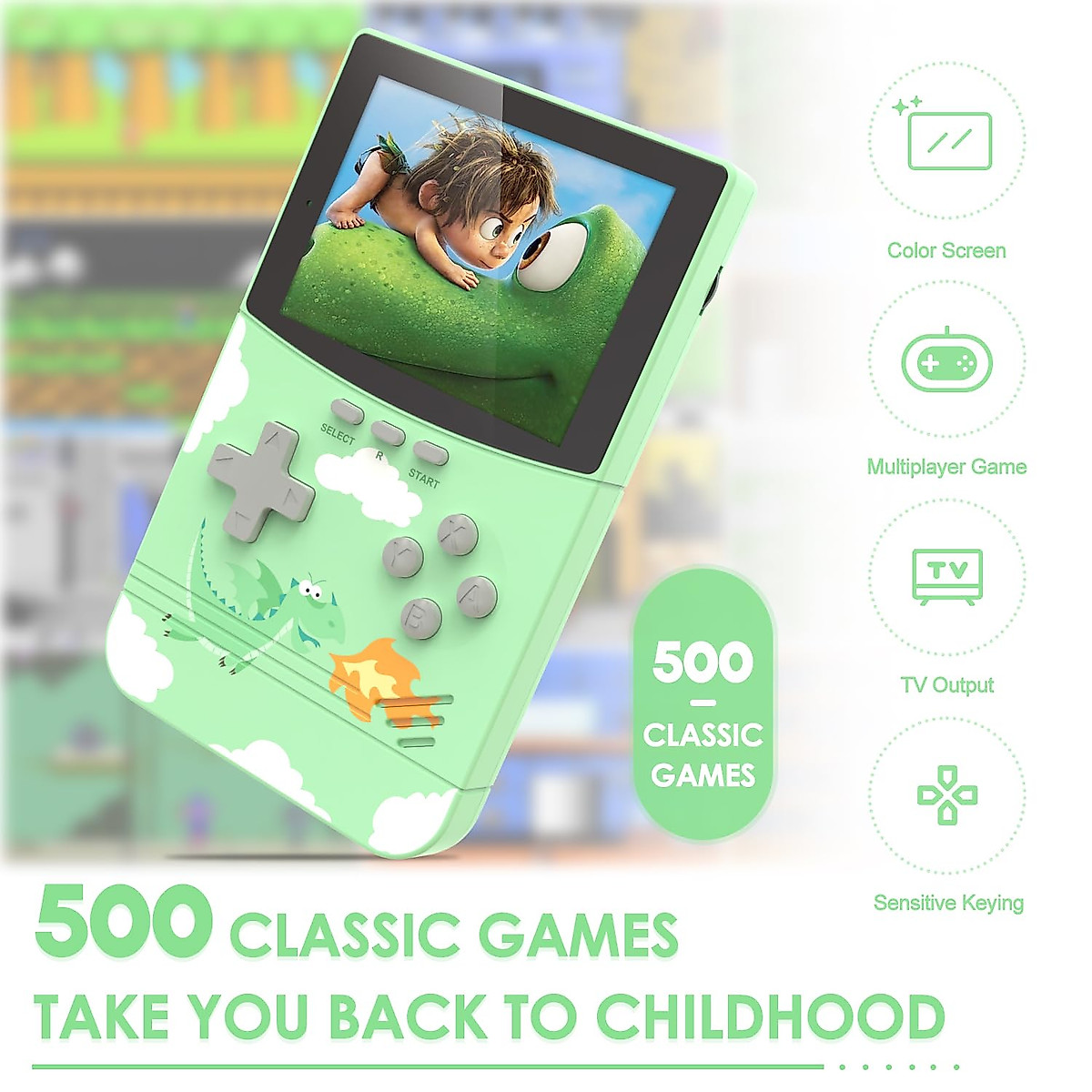 Aibrisk Dinosaur Retro Handheld Game Console with 500 Classic FC Games, 3.0 inches HD Screen Portable 1020mAh Battery Rechargeable Video, Support TV & Two Players Present for Kids & Adults (Green)