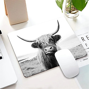 Black and White Mouse Pad, Scottish Highland Cow on Isle of Mull Mouse Pad, Mouse Mat Square Mouse Pad Non Slip Rubber Base MousePads for Office Laptop, 9.5"x7.9"x0.12" Inch