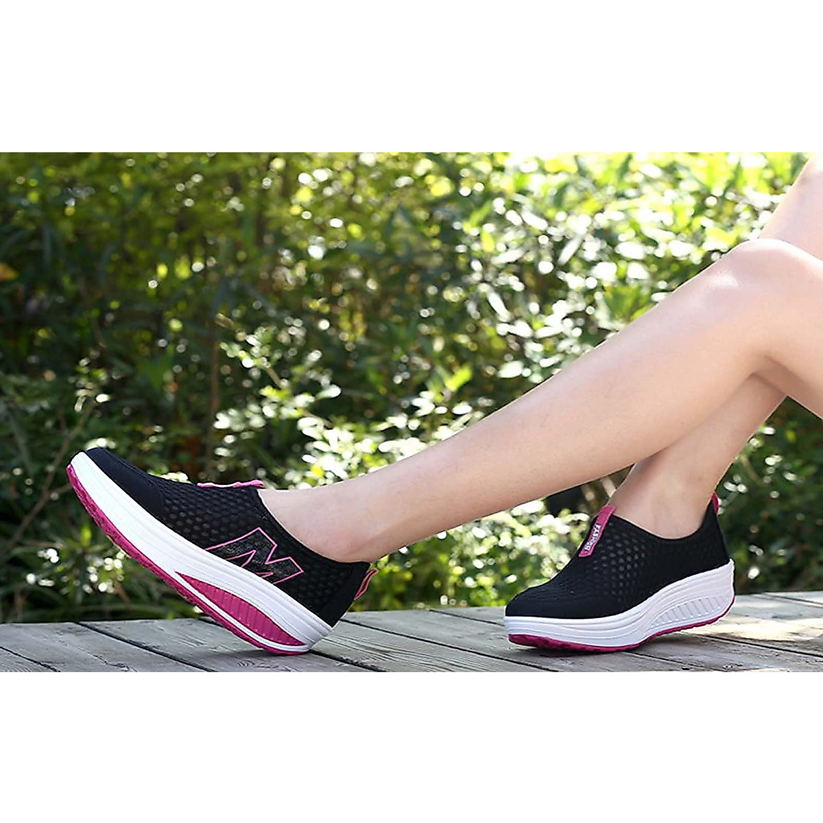 Hotcham Woman Casual Sport Shoes Women Wedge Sneaker Comfort Fitness Sneaker Mush Frabic Upper Sport Shoes Women Platform Sneaker,Black/7