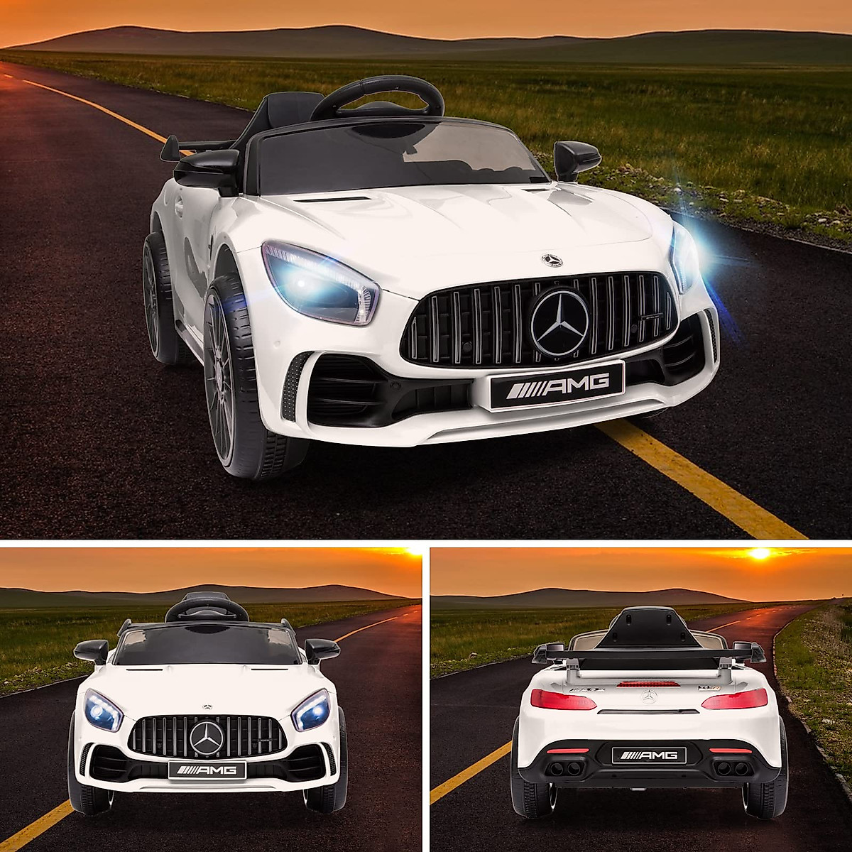 JOINATRE 12V Kids Ride on Car, Licensed Mercedes Benz AMG GTR Electric Cars, Battery Powered Ride on Toys with Remote Control, 3 Speeds, Music, LED Lights and Safety Belt, White