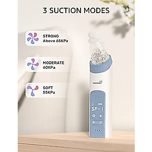 GROWNSY Nasal Aspirator for Baby, Electric Nose Aspirator for Toddler, Baby Nose Sucker, Automatic Nose Cleaner with 3 Silicone Tips, Adjustable Suctions, Music and Light Soothing Function (Blue)