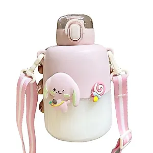 JZSMY 700ml Kawaii Straw Water Bottle, Cute Water Bottles with 3D Stickers, Milk Juice Cute Water Bottle Plastic Water Bottles with Portable Rope For Outdoor Travel (Pink)