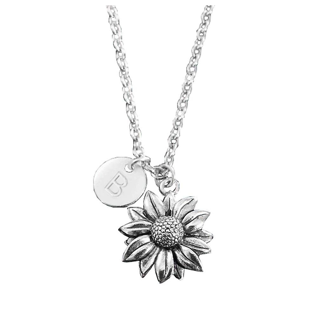 NOUMANDA Antique Silver Sunflower with Initial 26 Letter Necklace Custom A-Z Alphabet Cute Chic Pendant (B)