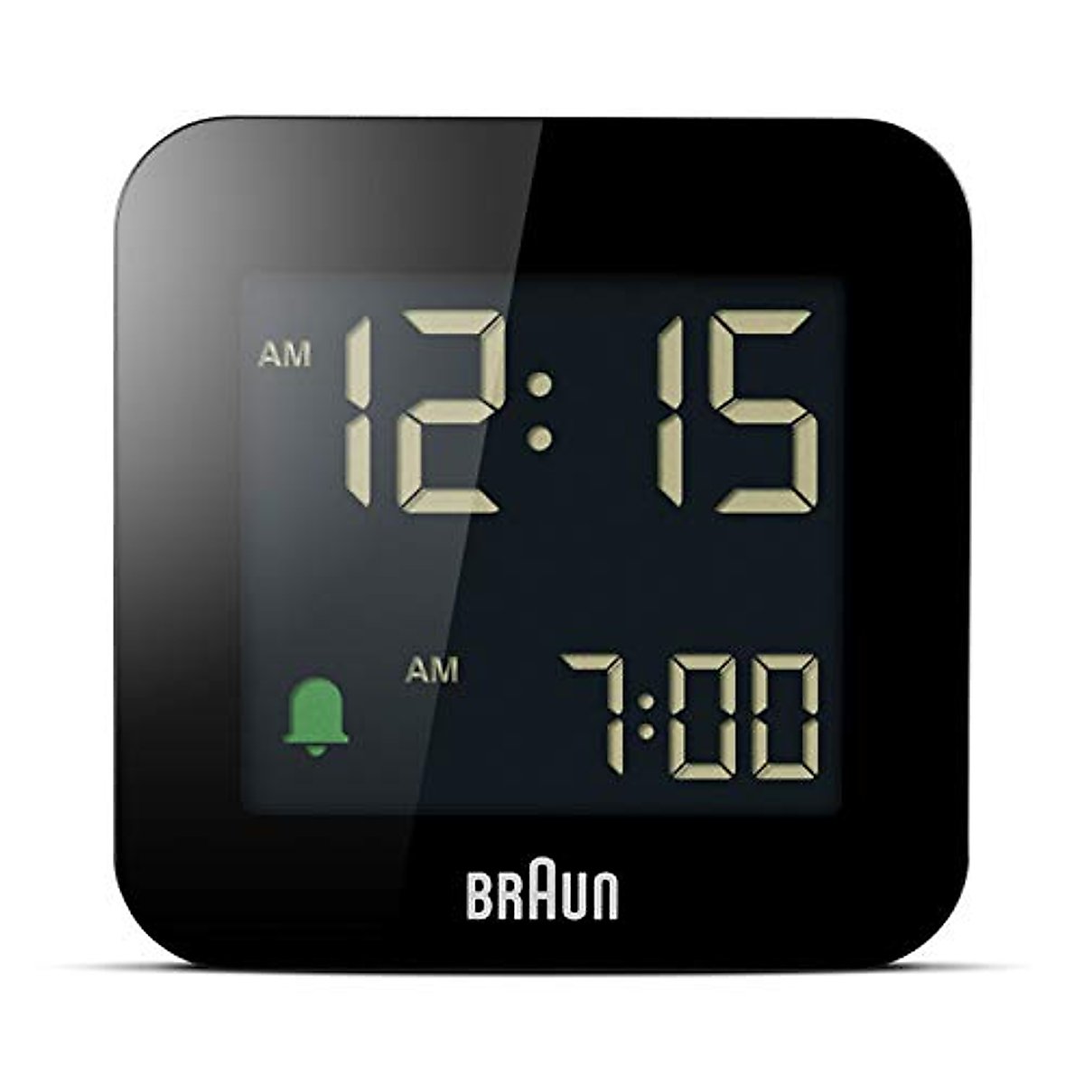 Braun Digital Travel Alarm Clock with Snooze, Compact Size, Negative LCD Display, Quick Set, Crescendo Beep Alarm in Black, Model BC08B.