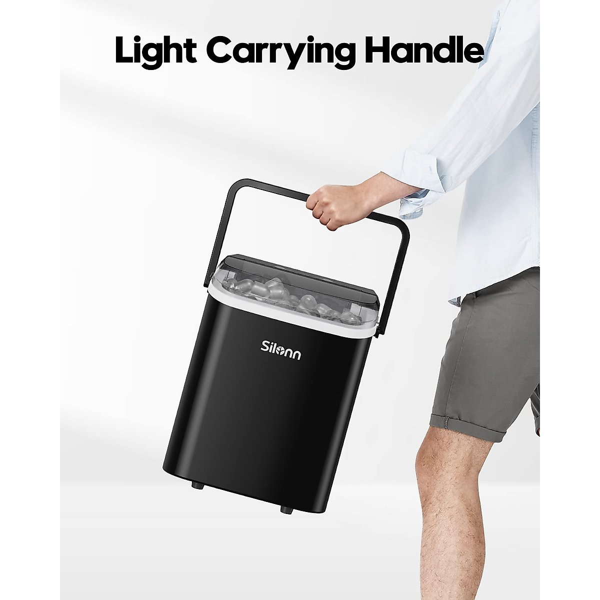 Silonn Countertop Ice Maker Machine with Handle, Portable Ice Makers Countertop, Makes up to 27 lbs. of Ice Per Day, 9 Cubes in 7 Mins, Self-Cleaning Ice Maker with Ice Scoop and Basket